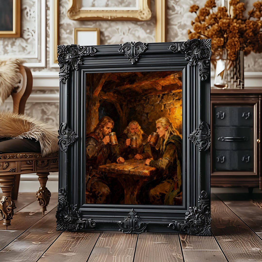 Vintage Fantasy Companions in Rustic Tavern - Moody Medieval Trio Art ...