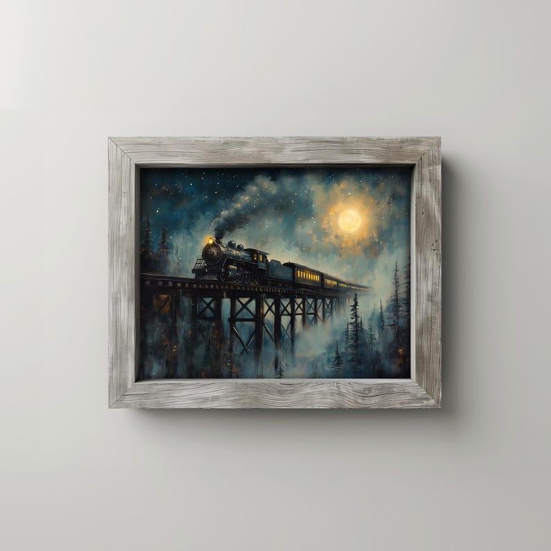 Vintage Steam Train Night Landscape Print – Moody Railroad Wall Art ...