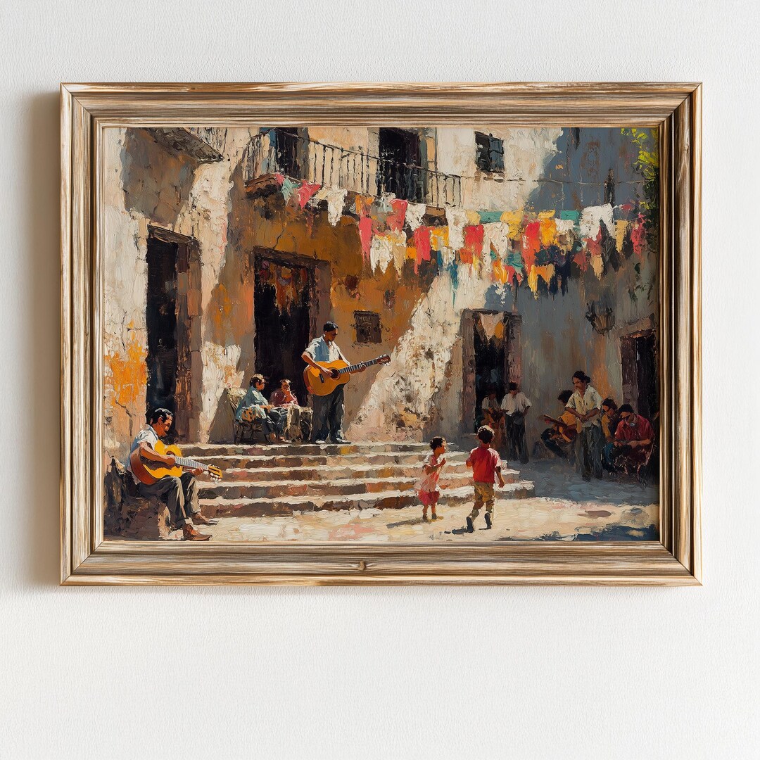 Rustic Sunlit Community Scene - Printable Vintage Plaza Art, Lively ...