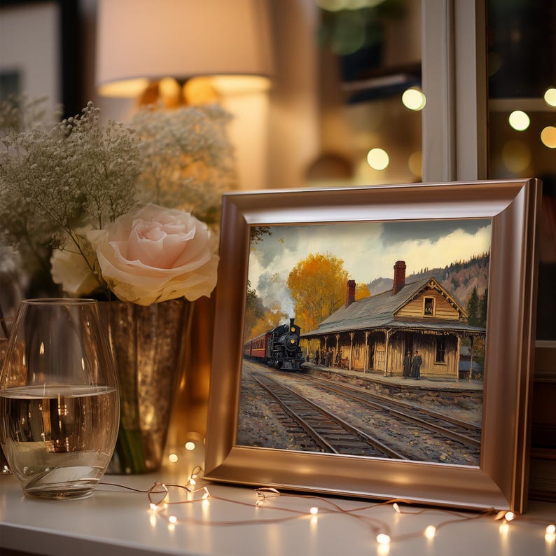 Vintage Train Station Scene - Autumn Landscape Painting With Steam ...