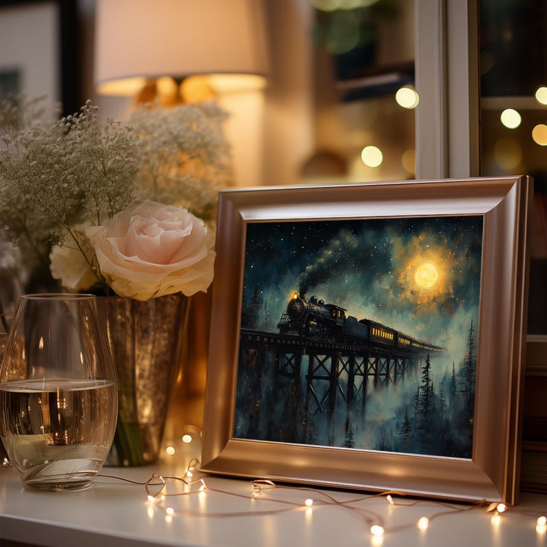 Vintage Steam Train Night Landscape Print – Moody Railroad Wall Art ...
