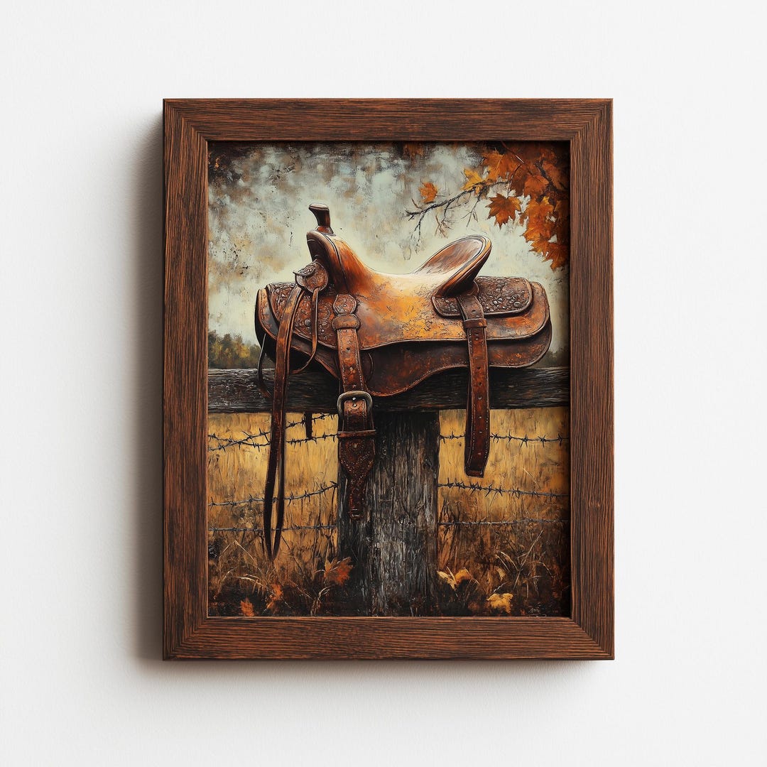 Vintage Leather Saddle Print – Rustic Farmhouse, Autumn Landscape ...