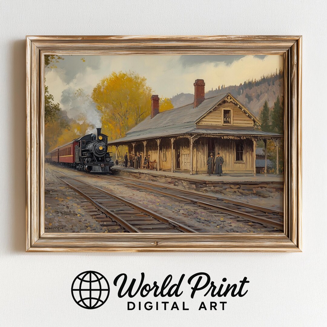Vintage Train Station Scene - Autumn Landscape Painting With Steam ...