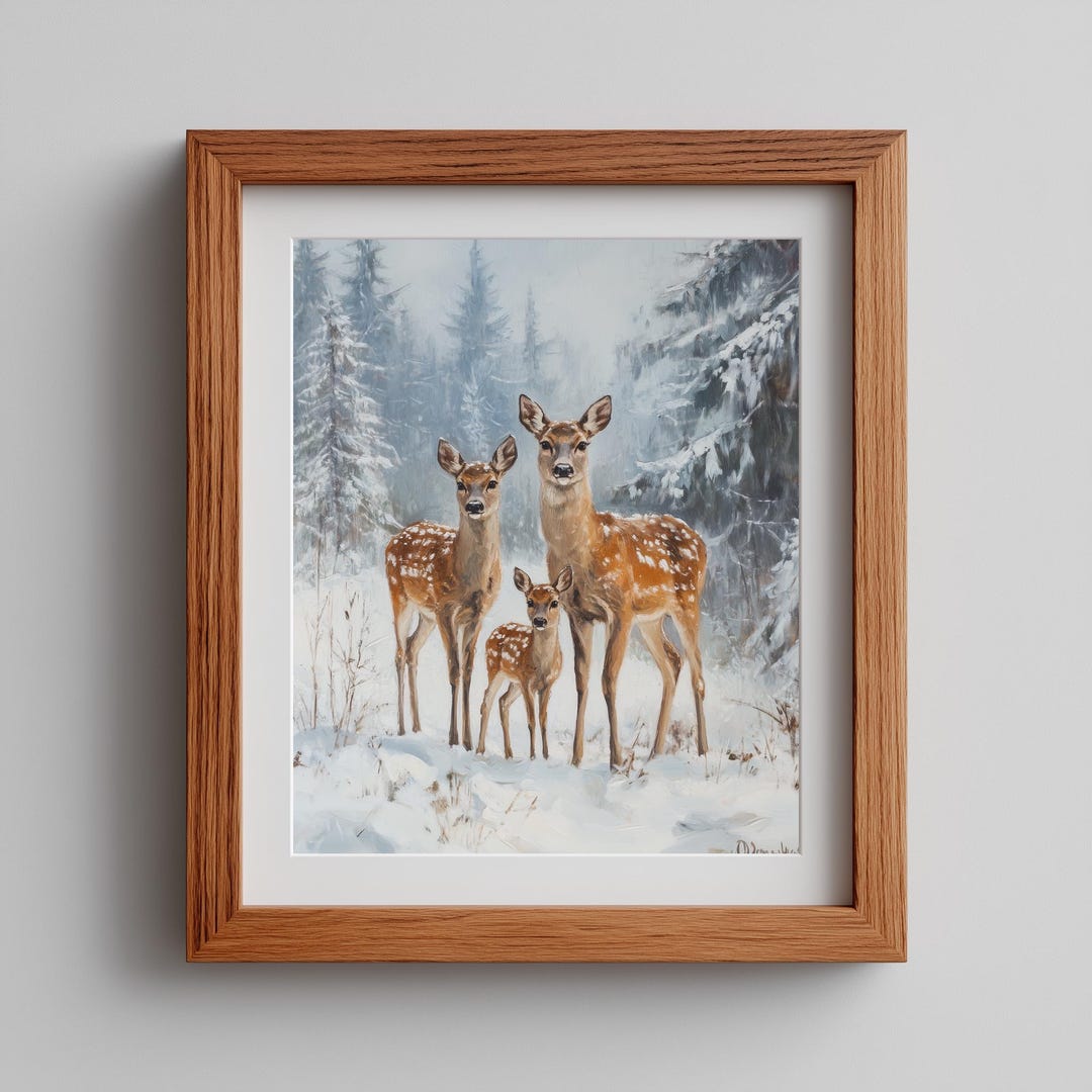 Rustic Winter Deer Family in Snow - Peaceful Cabin Scene, Serene ...