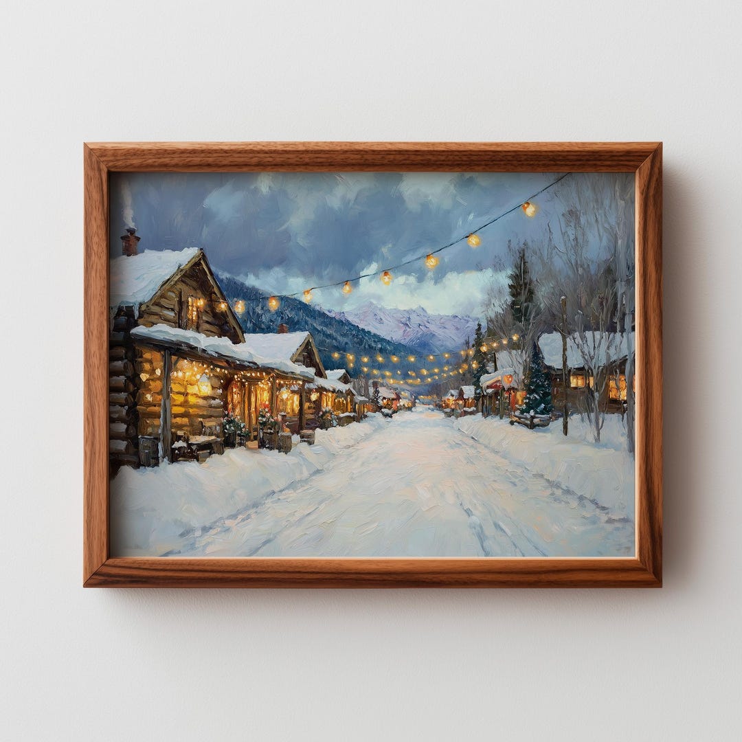Snowy Mountain Town Art Print: Winter Log Cabins With String Lights ...