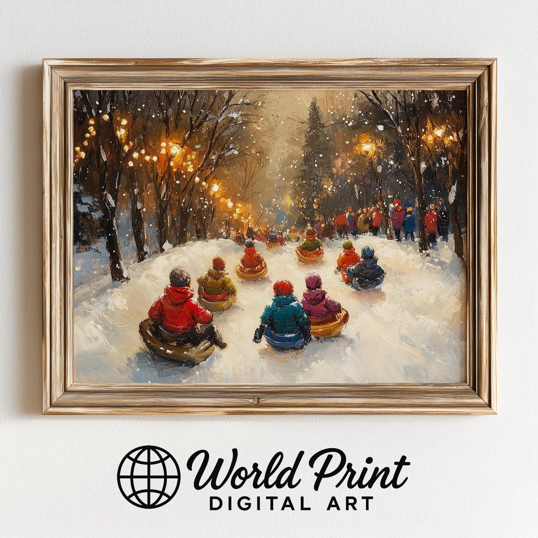 Festive Children Sledding Winter Scene - Cozy Nighttime Landscape ...