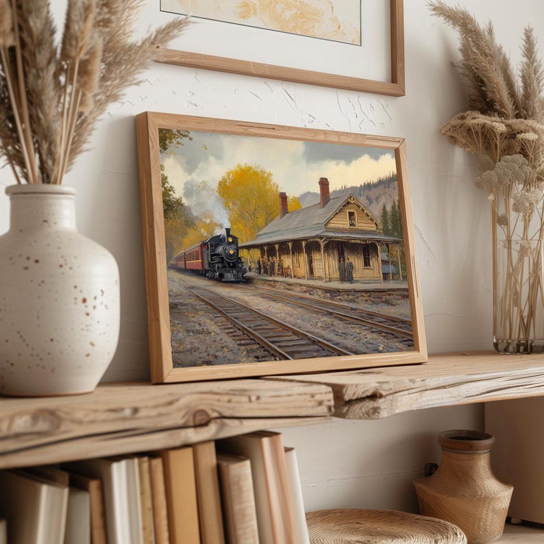 Vintage Train Station Scene - Autumn Landscape Painting With Steam ...