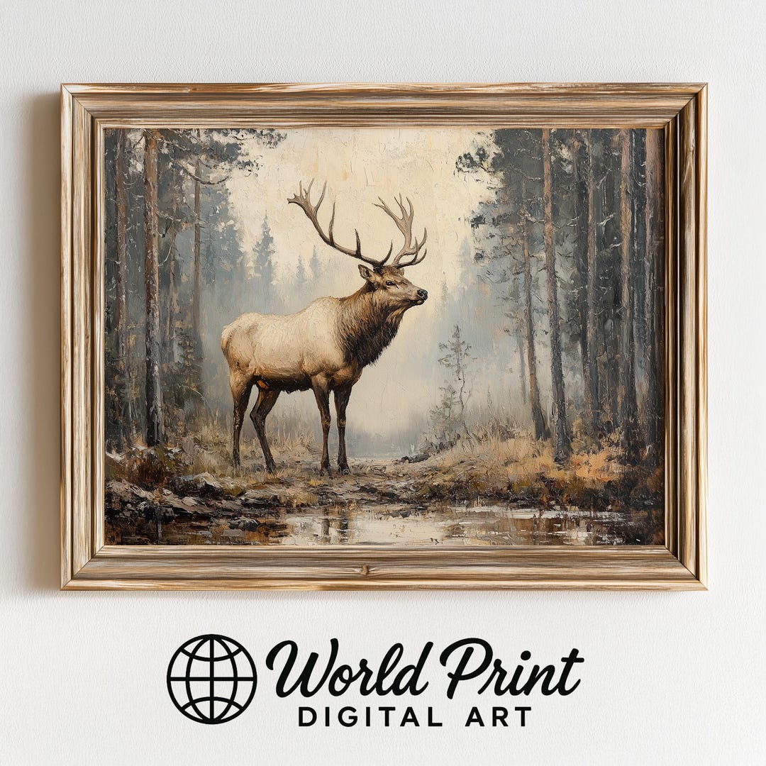 Moody Rustic Bull Elk in Forest Clearing - Vintage Wilderness Art ...