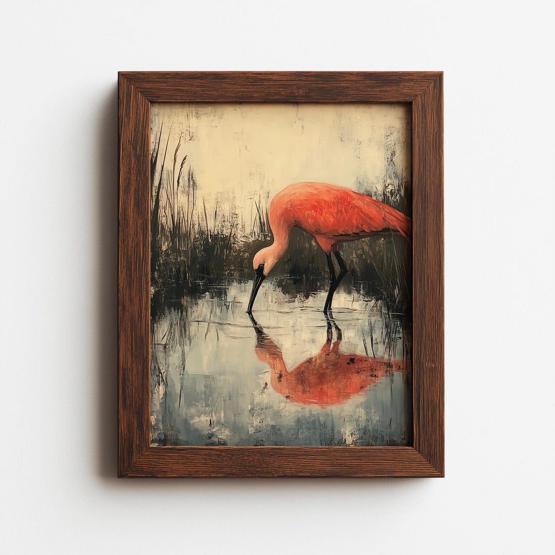 Scarlet Ibis in Marsh Print, Vintage Coastal Wall Art, Moody Bird ...
