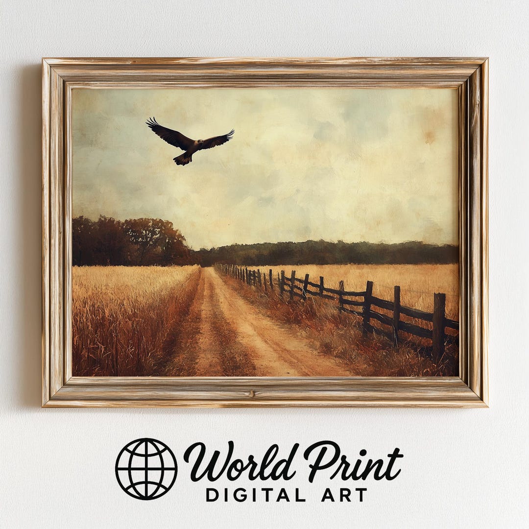 Hawk Over Golden Wheat Field Printable - Rustic Farmhouse Landscape Art ...