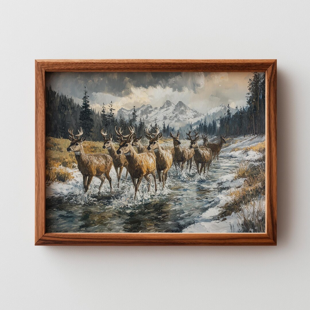 Rustic Mule Deer Painting: Autumn Mountain Stream Scene (digital ...