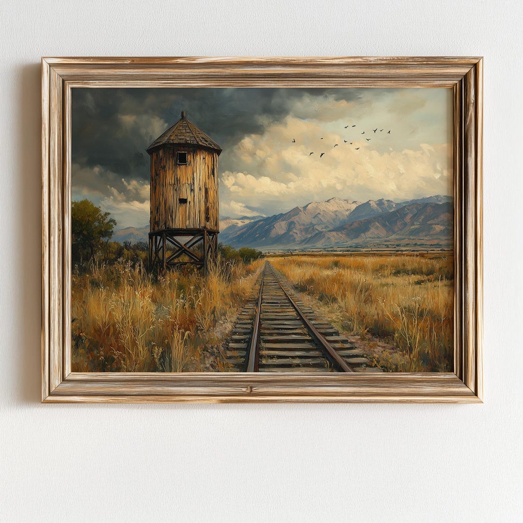 Vintage Water Tower Landscape Painting – Rustic Western Art (digital ...