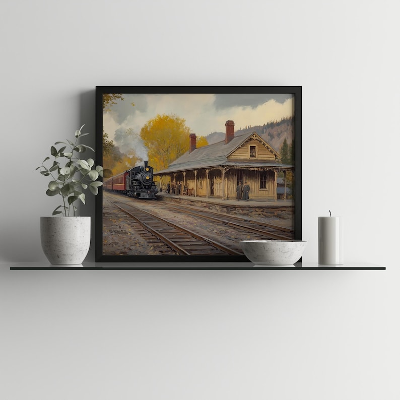 Vintage Train Station Scene - Autumn Landscape Painting With Steam ...