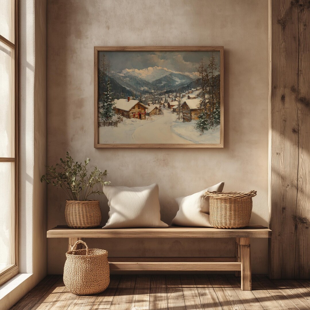 Rustic Winter Mining Town in Snow - Vintage Mountain Landscape Art ...