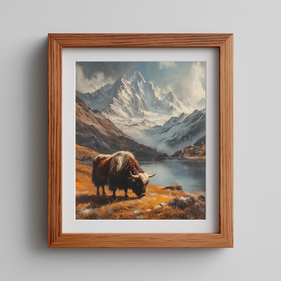 Majestic Alpine Yak Scene - Rustic Moody Landscape Painting, Serene ...