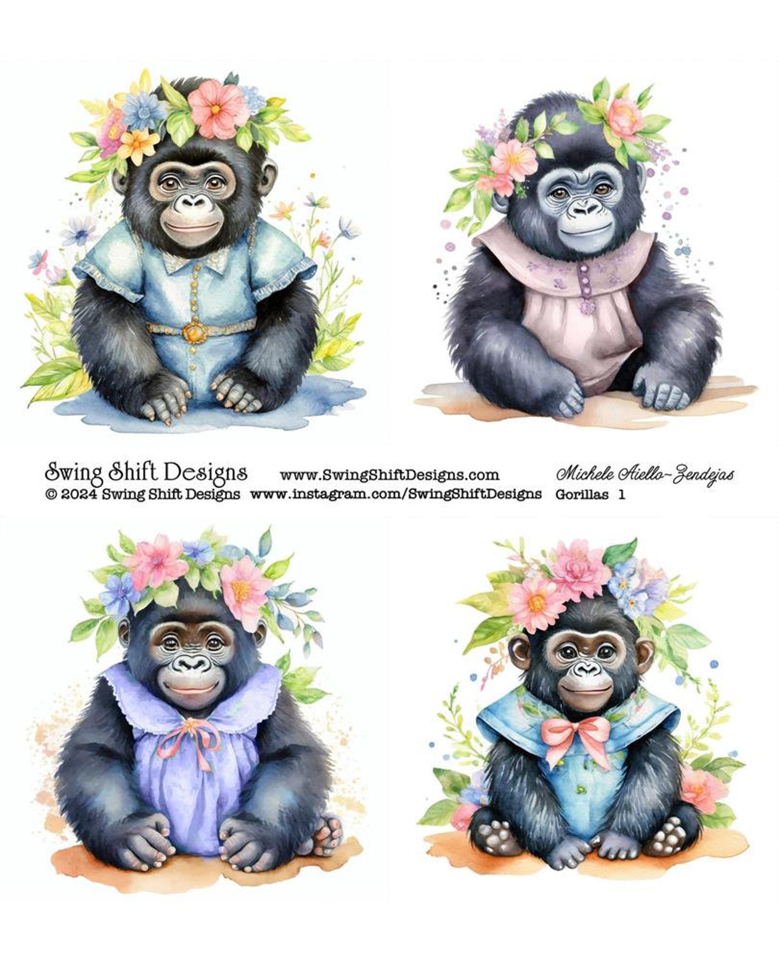 Adorable Gorilla With Flowers & Wearing Clothes Watercolor Style Vivid ...
