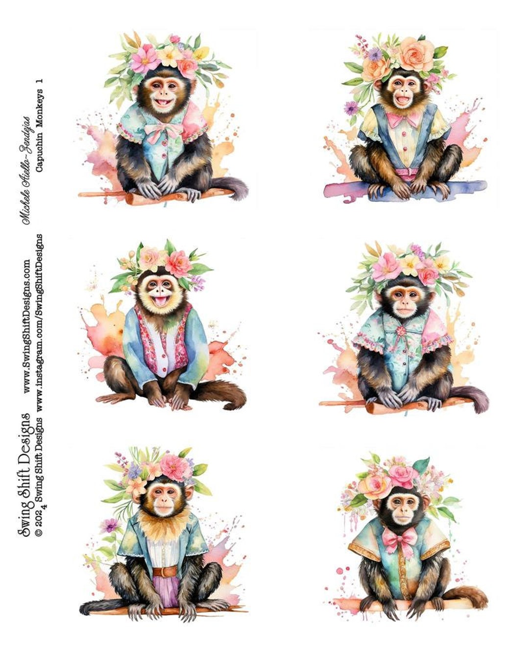 Adorable Capuchin Monkey With Flowers & Clothes Watercolor Style Vivid ...