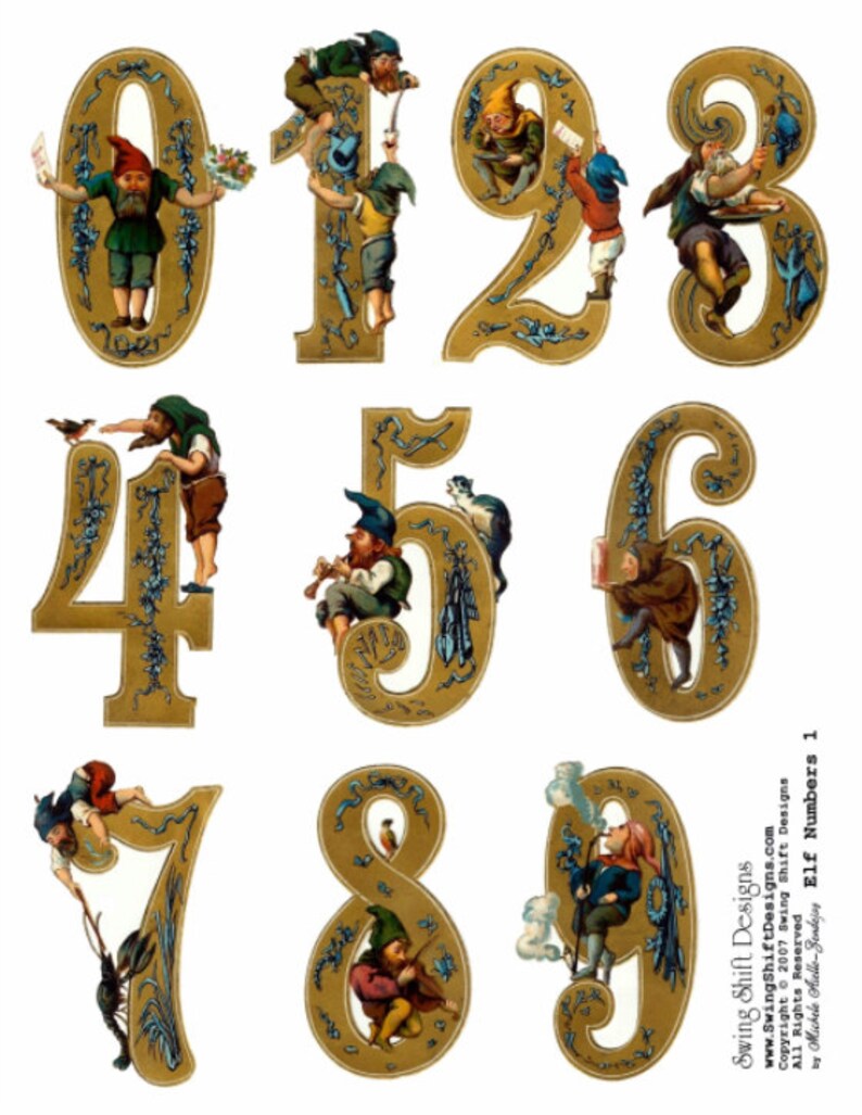 Elf Elves Numbers 0 to 9 , Collage Sheet Vintage Illustration Digital ...