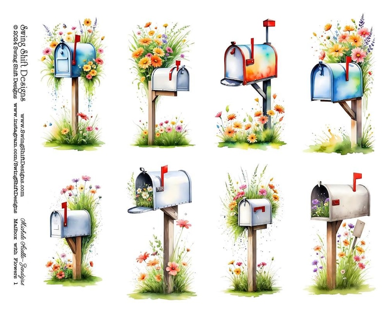 Mailbox & Flowers Vivid Colorful Watercolor Style, Printable Collage ...