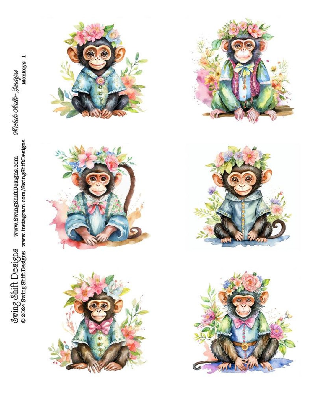 Adorable Monkey With Flowers & Wearing Clothes Watercolor Style Vivid ...