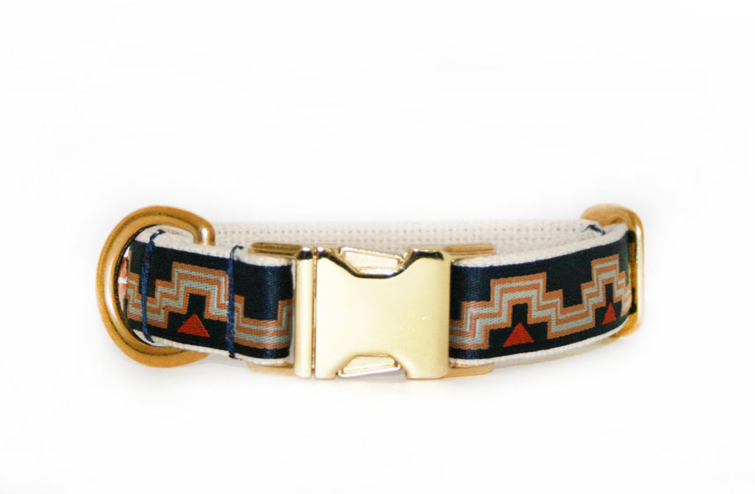 Navy Blue Adjustable Geometric Collar, Brass Hardware, Cotton Webbing ...