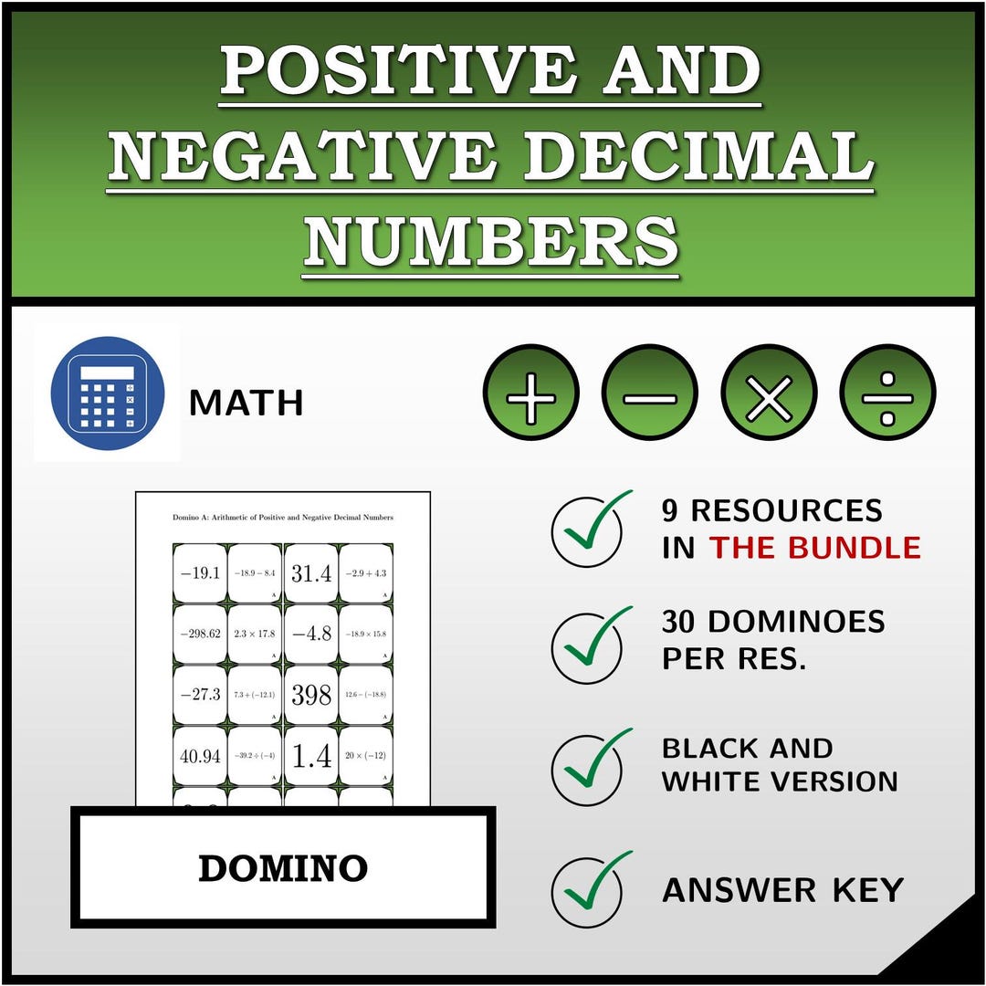 Printable Domino Math Game: Positive & Negative Decimals (teacher ...