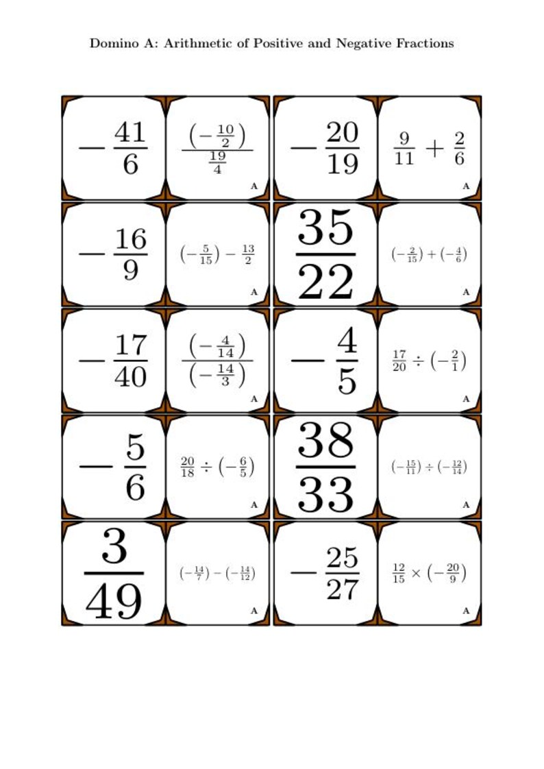 Printable Domino Math Activities | Positive and Negative Fractions ...