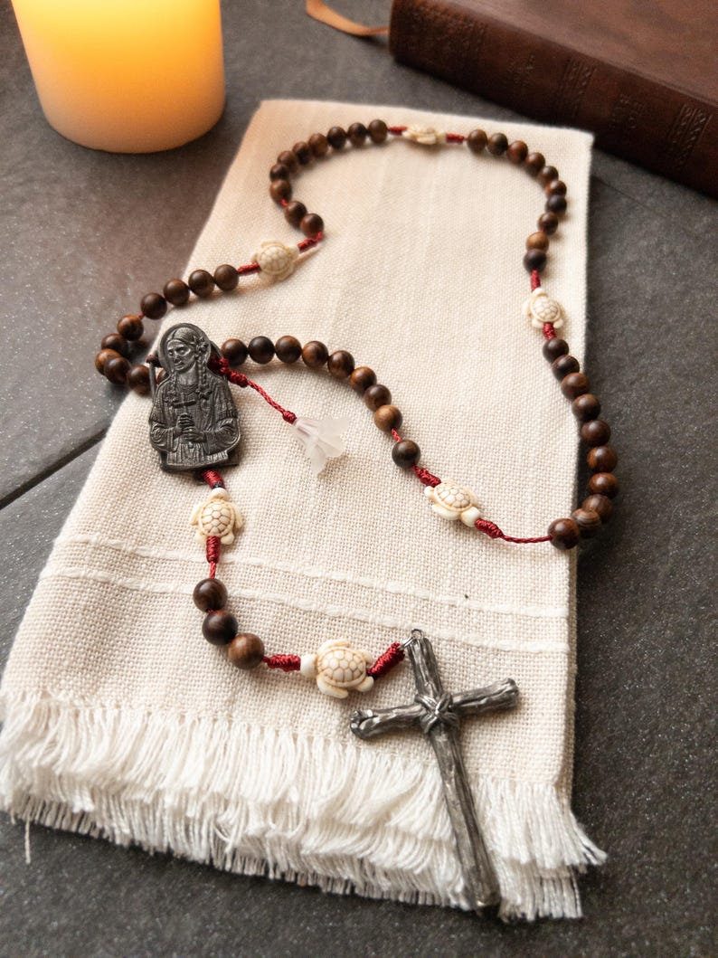 Handmade Saint Kateri Rosary - Rose Wood & Stone Turtle Beads With Hand ...
