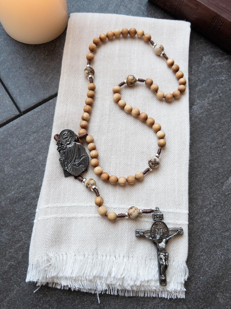 Handmade Saint Joseph Rosary - Thuja Wood & Picture Jasper Stone Beads ...
