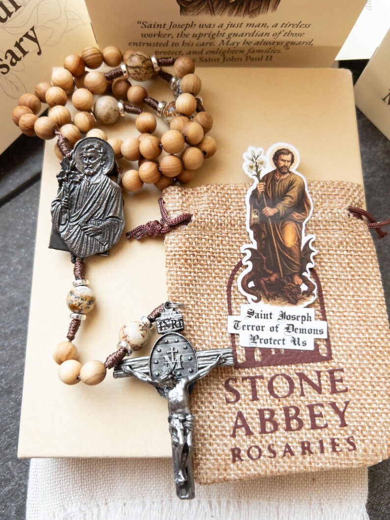 Handmade Saint Joseph Rosary - Thuja Wood & Picture Jasper Stone Beads ...