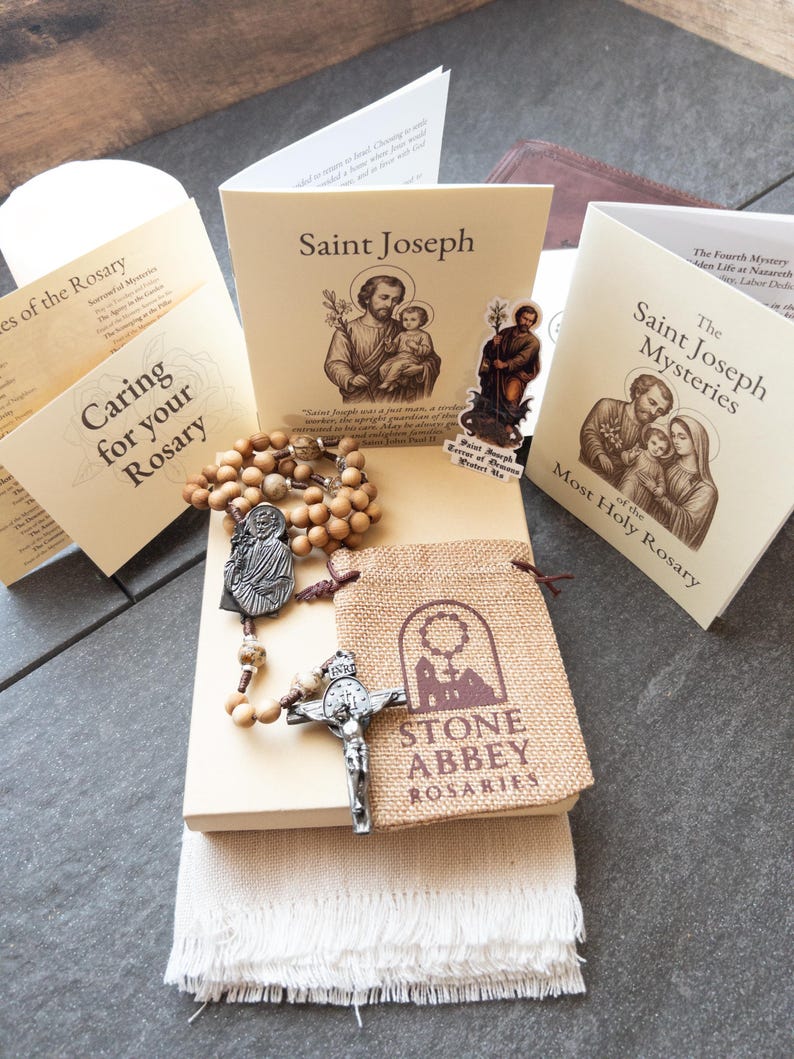 Handmade Saint Joseph Rosary - Thuja Wood & Picture Jasper Stone Beads ...