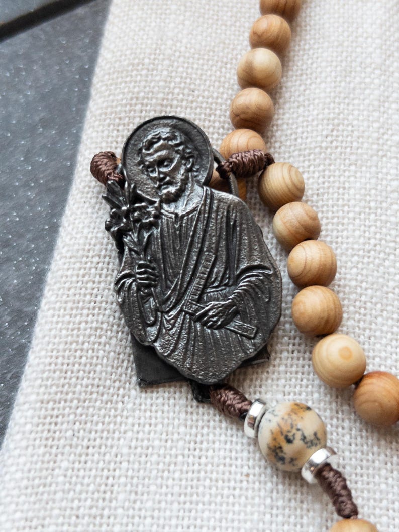 Handmade Saint Joseph Rosary - Thuja Wood & Picture Jasper Stone Beads ...