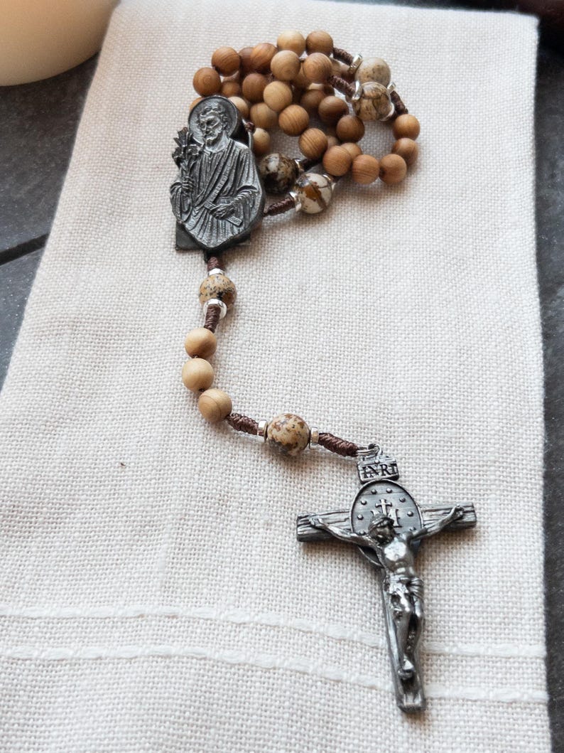 Handmade Saint Joseph Rosary - Thuja Wood & Picture Jasper Stone Beads ...