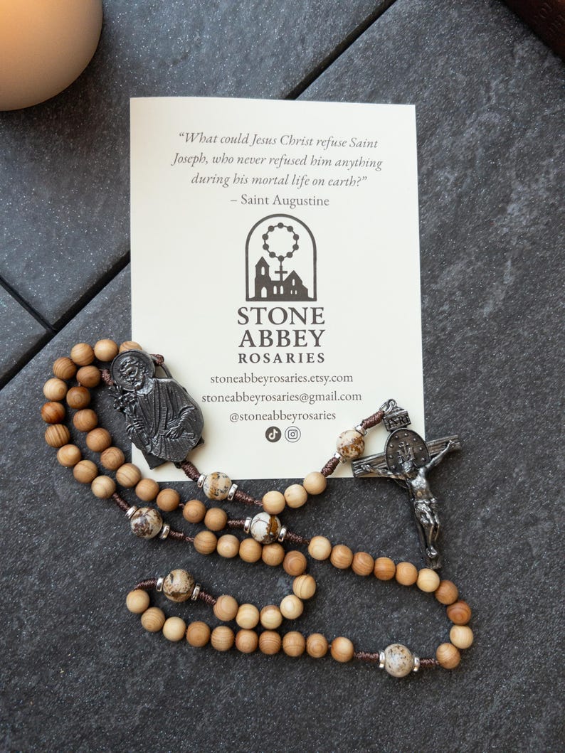 Handmade Saint Joseph Rosary - Thuja Wood & Picture Jasper Stone Beads ...