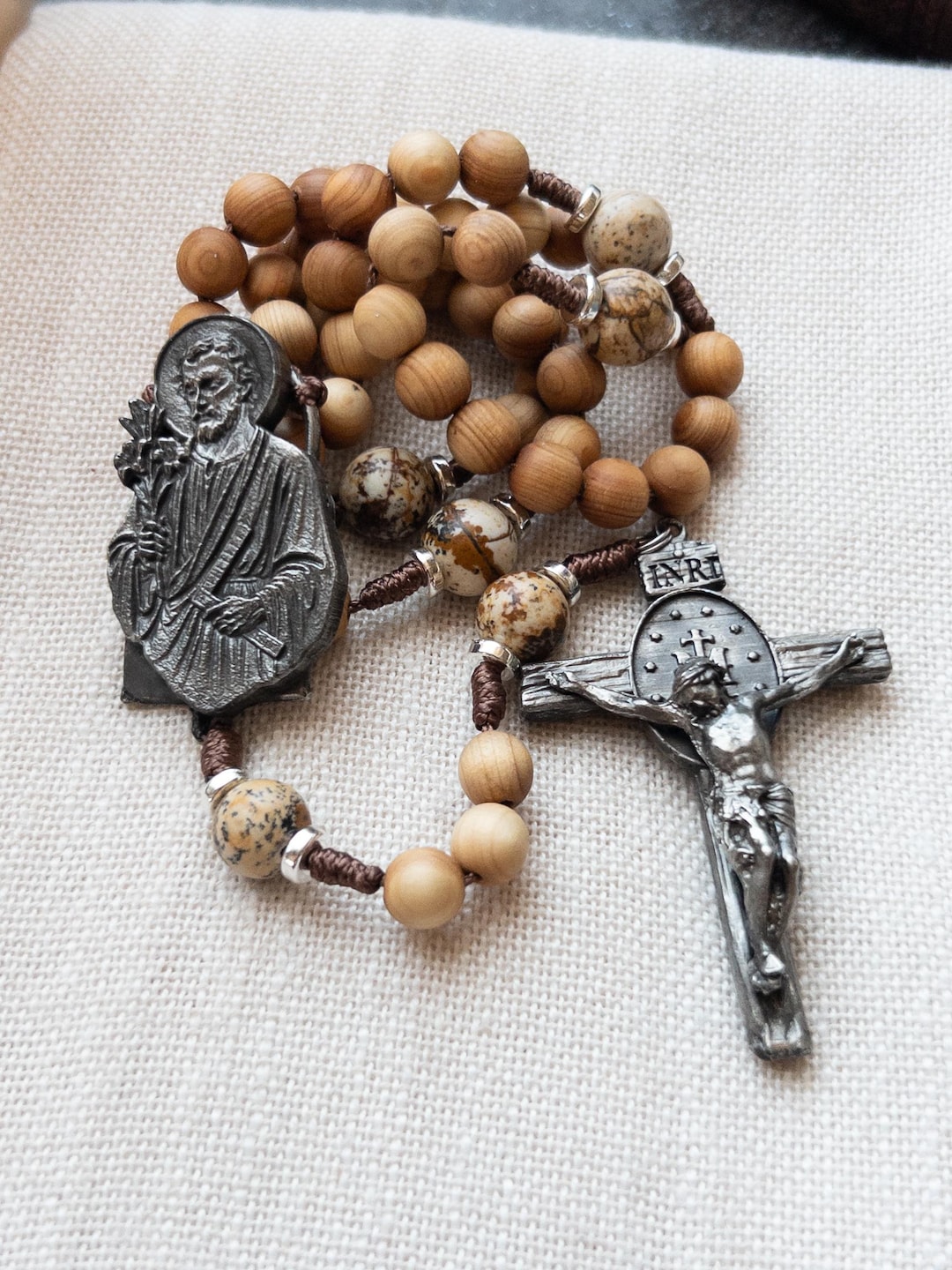 Handmade Saint Joseph Rosary - Thuja Wood & Picture Jasper Stone Beads ...