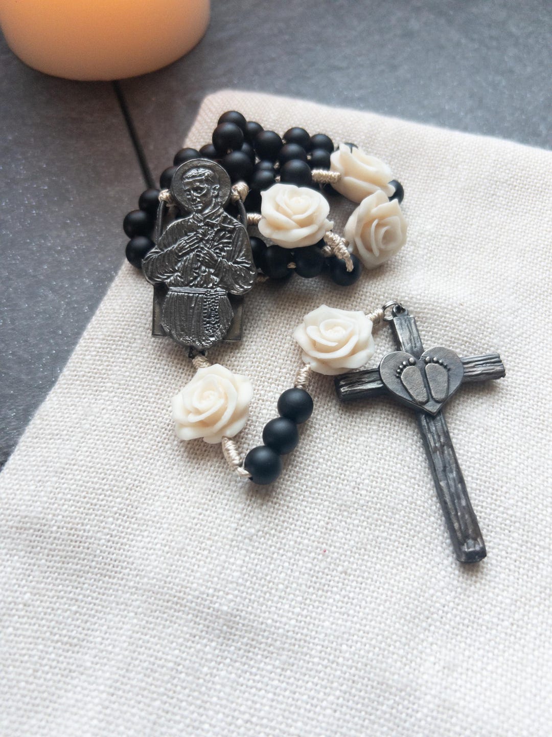 Handmade Saint Gerard Majella Rosary – Black Onyx & Cream Rose Beads ...