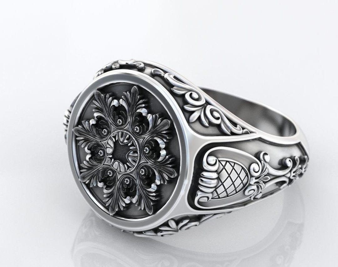 Sterling Silver Gothic Floral Ring | Vintage Inspired Ornate Medallion ...