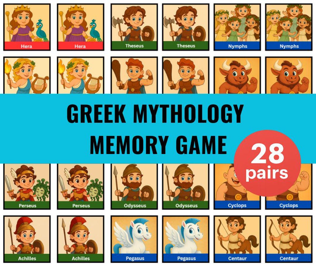 Greek Mythology Memory Game | 56 Printable Cards (28 Pairs) | Mythical ...