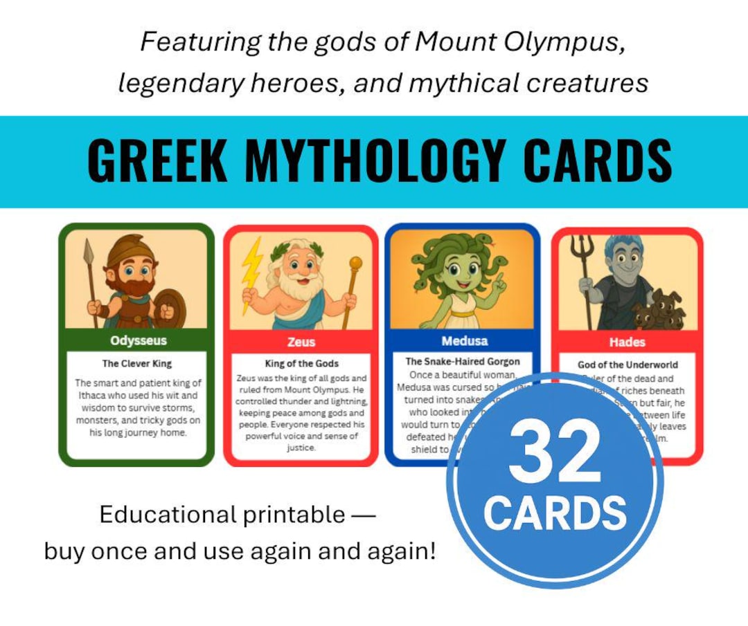 Greek Mythology Cards | 32 Printable Cards | Gods, Heroes & Creatures ...