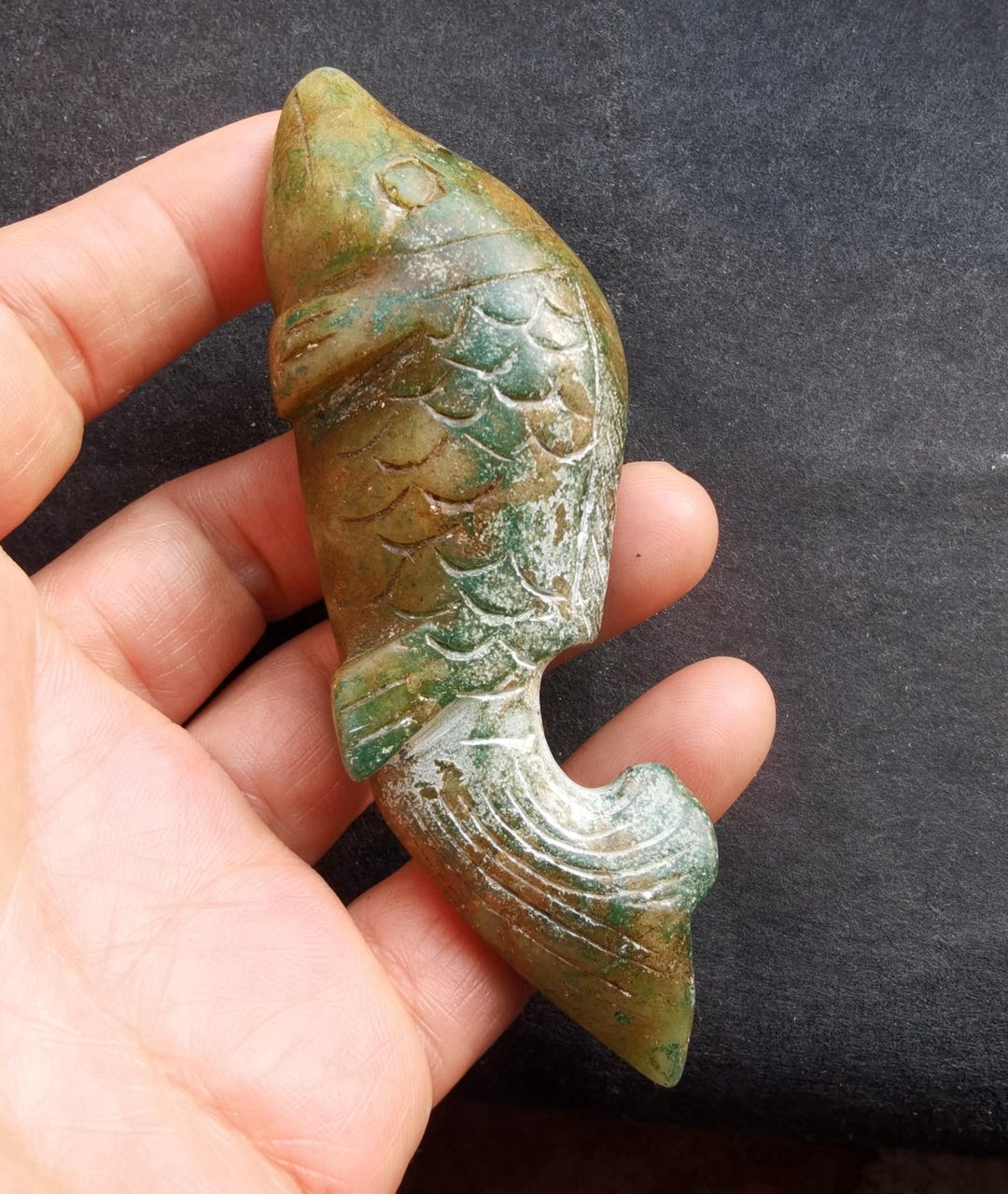 3D Fish Carving Green Brown Jade Stone Pendant,double Face Jade,good ...