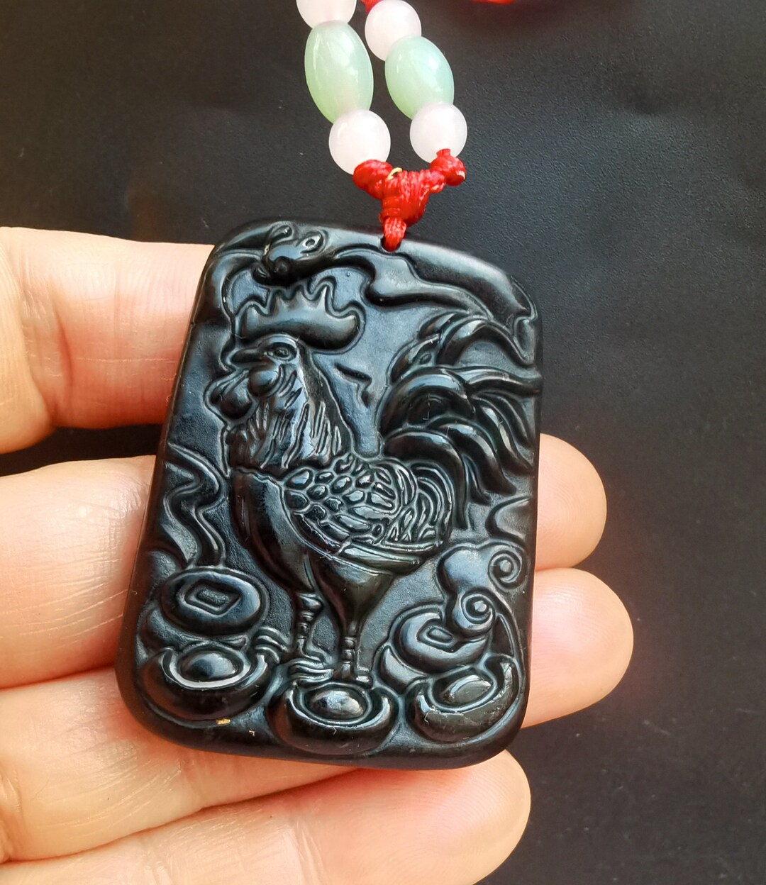 Carved Black Jade Rooster Pendant: Amulet Necklace - Etsy