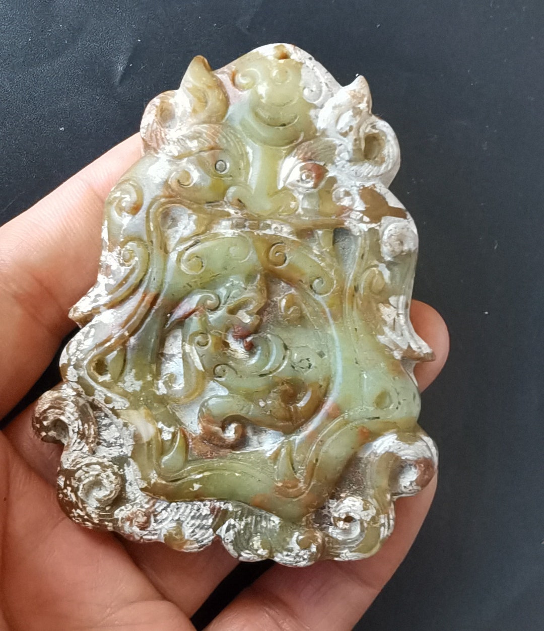 Rectangle Dragon Carving Natural Green Brown Jade Stone Pendant,charm ...