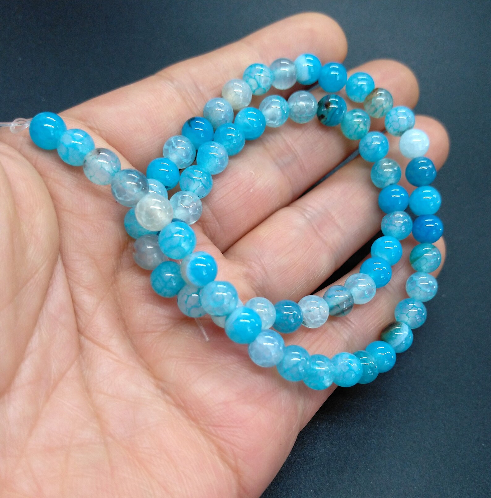 Blue White Dragon Veins Agate Beads, Round Gemstone Loose Beads, Full 1 ...