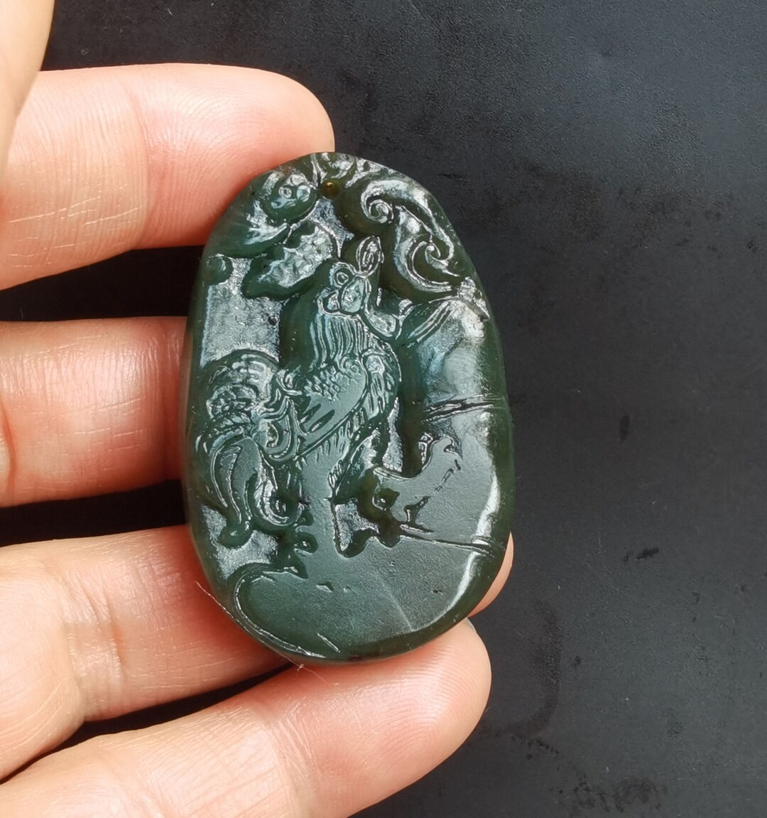 Carved Nephrite Jade Rooster Pendant: Green Gemstone Amulet Talisman - Etsy