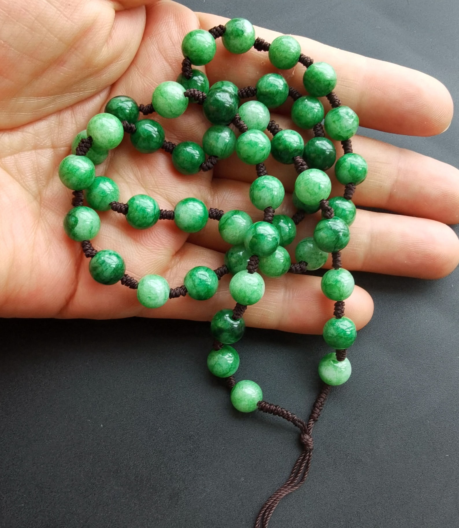 24 Round Green Jade Stone Necklacehandmade Weave Dark - Etsy