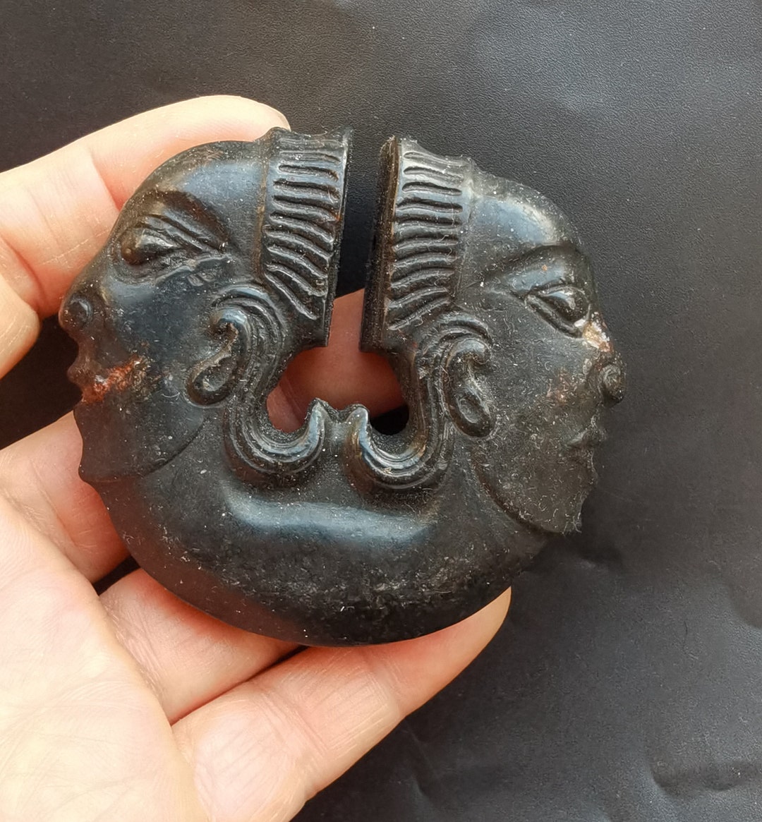 Face Jade Stone Pendant, Large Carved Natural Black Jade Pendant Link ...