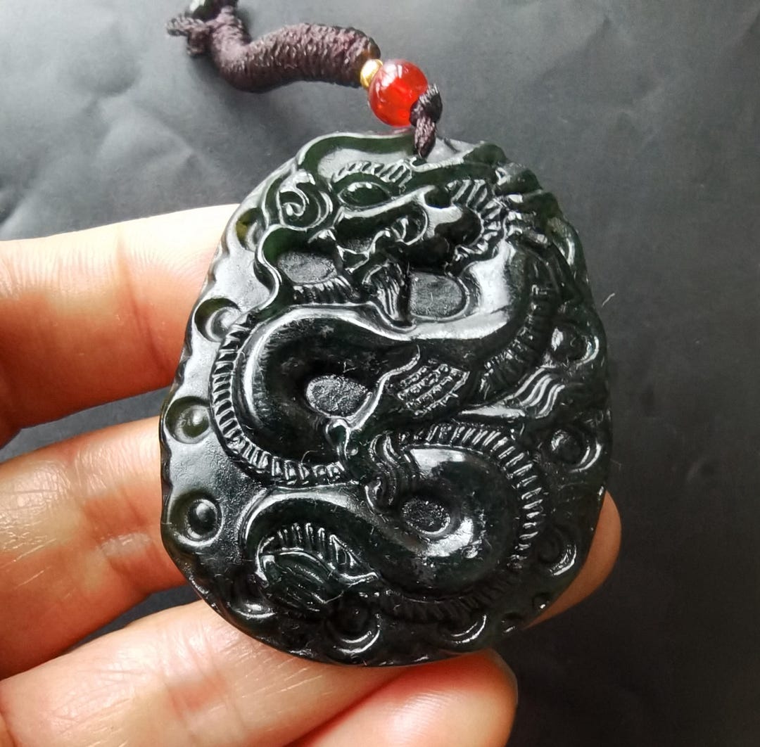 Oval Dragon Carving: Natural Black Green Jade Pendant - Etsy