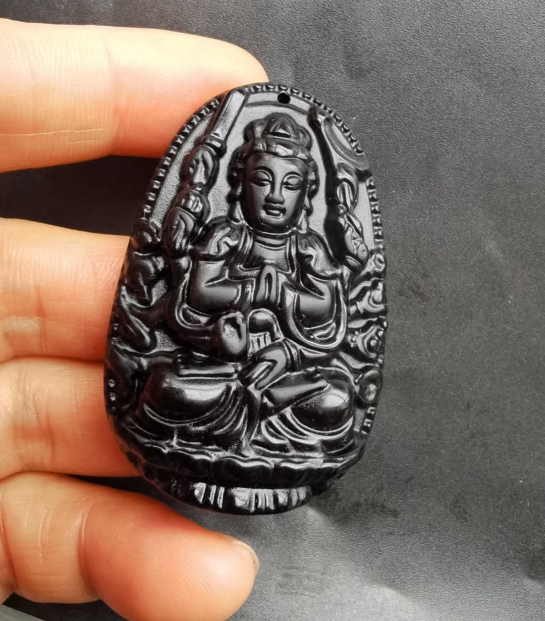 Chinese Bodhisattva Black Obsidian Stone Pendant, Oval Amulet Necklace ...