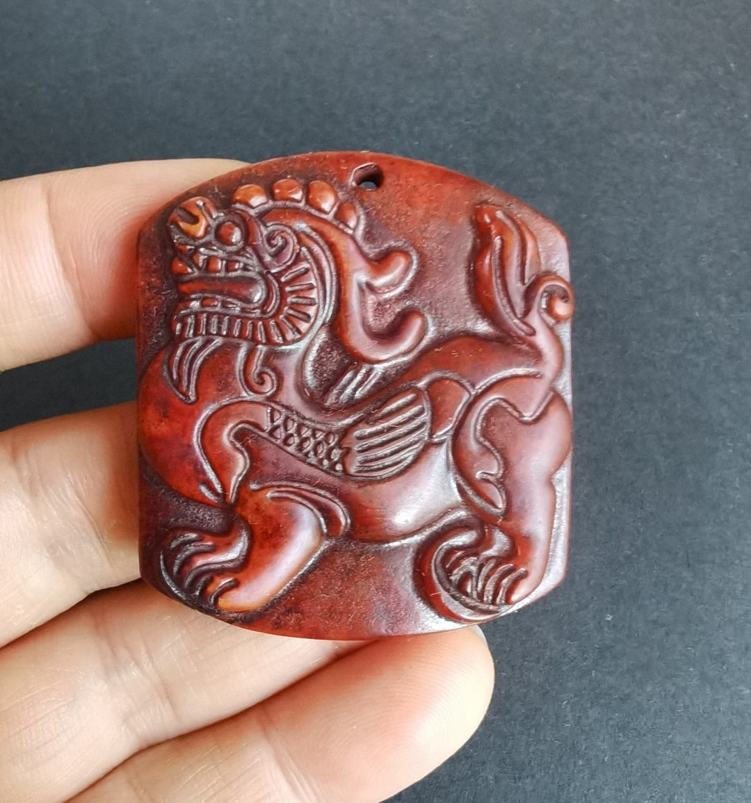 Rectangle Dragon Qilin Kylin Carving Red Jade Stone Pendant,good Lucky ...