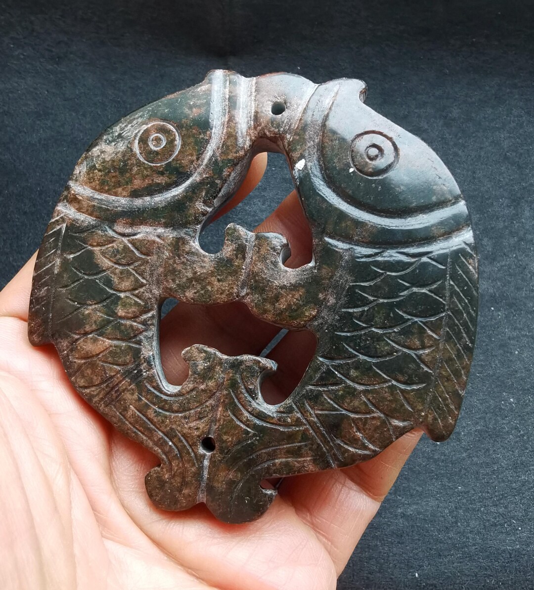 Large Two Fish Good Lucky Carving Brown Jade Stone Pendant,double Face ...